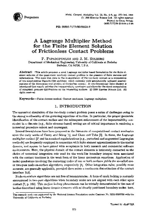 Pdf A Lagrange Multiplier Method For The Finite Element Solution Of Frictionless Contact Problems