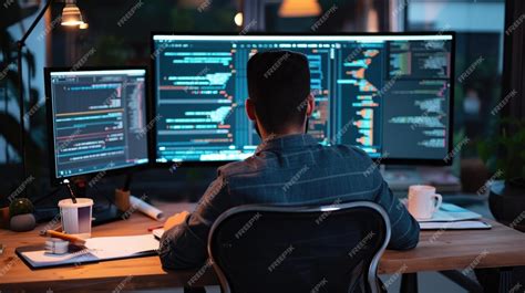 Premium Photo Software Developer Working On Code In Dual Monitor Setup Aig