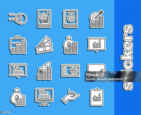 그래프 차트 지갑 보드 사용 설명서 스택 지폐 현금 서류 가방 및 동전 파이 인포 그래픽 및 돈 가방 아이콘으로 라인 클립 보드를 설정합니다 벡터 노트북에 대한 스톡 벡터