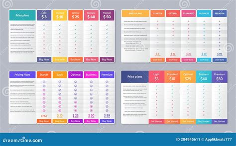 Price Table Comparison Template With 5 Columns Vector Illustration Stock Vector Illustration