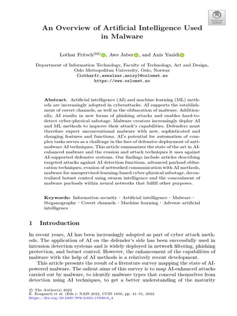 An Overview Of Artificial Intelligence Used In Malware Pdf