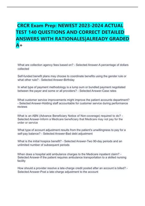 CRCR Exam Prep NEWEST ACTUAL TEST 140 QUESTIONS AND CORRECT DETAILED ANSWERS WITH RATIONALES