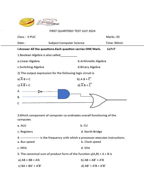 I Answer All The Questions Each Question Carries One Mark 1x7 7 Pdf Boolean Algebra