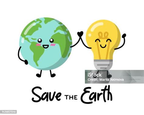 지구 행성과 패치 배지 스티커 포스터를위한 램프 전구 귀여운 에코 재미있는 만화 캐릭터 아이콘 아시아 일본 카와이 스타일 벡터 생태학 환경 재생 에너지 타이포그래피 인용문