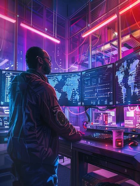 Free Photo Cyber Security Expert Working With Technology In Neon Lights