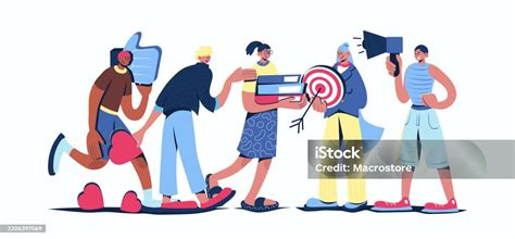 카툰 웹 디자인에서 마케팅 컨셉을 수행하는 직원 사람들은 시장 조사를 하고 청중을 대상으로 하고 소셜 미디어에서 광고를 합니다 흰색 배경에 고립 된 평면 벡터 그림입니다