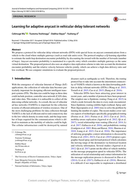 Learning For Adaptive Anycast In Vehicular Delay Tolerant Networks Request Pdf