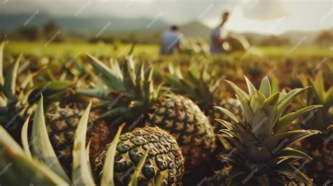 Premium Photo Rural Landscape With People Among Pineapple Plantation At Golden Hour