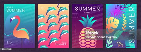 여름 속성을 가진 형광 여름 포스터 세트입니다 플라밍고 실루엣 돌고래 파인애플 열 대 잎 배경 벡터 일러스트 레이 션 실루엣에 대한 스톡 벡터 아트 및 기타 이미지 Istock