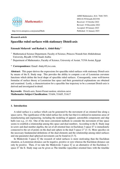 Pdf Spacelike Ruled Surfaces With Stationary Disteli Axis