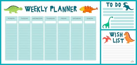 월요일부터 일요일까지 아이들을 위한 공룡 편지지 주간 플래너 및 일일 주최자 귀여운 벡터 요소 및 재미있는 스티커 플러스 주목