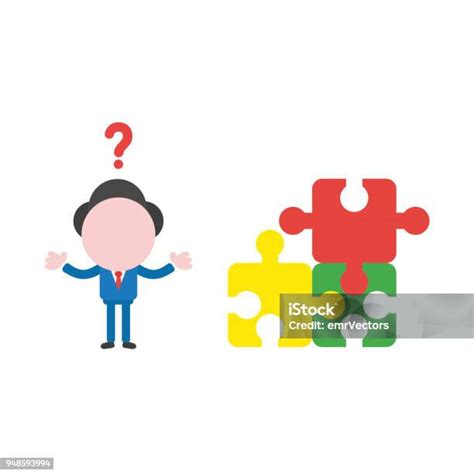 벡터 일러스트 레이 션 사업가 문자 3 퍼즐 조각을 연결 및 누락의 혼동 마케팅에 대한 스톡 벡터 아트 및 기타 이미지 마케팅 역경 개념 Istock