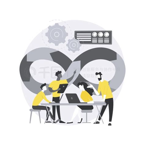 工作流程免抠元素 Devops 团队抽象概念矢量图。软件开发团队成员、敏捷工作流程、devops 团队模型、it 团队合作、项目管理、综合实践