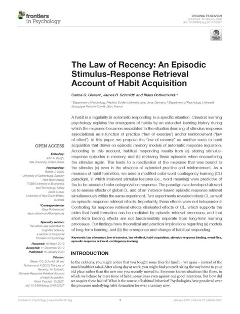 The Law Of Recency An Episodic Stimulus Response Retrieval Account Of