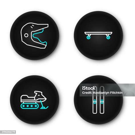 세트 라인 스키 및 스틱 설상차 롱보드 또는 스케이트보드 및 모토크로스 오토바이 헬멧 아이콘 벡터 거리에 대한 스톡 벡터 아트 및 기타 이미지 Istock