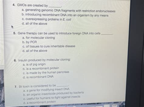 Solved GMOs are created by q,a. ﻿generating genomic DNA | Chegg.com