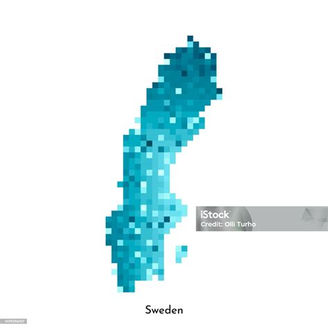스웨덴지도의 단순한 얼음 같은 파란색 모양을 가진 벡터 고립 된 기하학적 삽화 Nft 템플릿의 픽셀 아트 스타일입니다 흰색 배경에 디자인을위한 그라디언트 질감이있는 점선