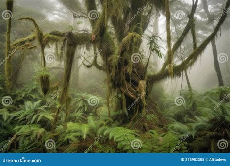Albero Con Canne E Muschi Che Cadono Circondati Da Foreste Di Nebbia Esotiche Illustrazione Di
