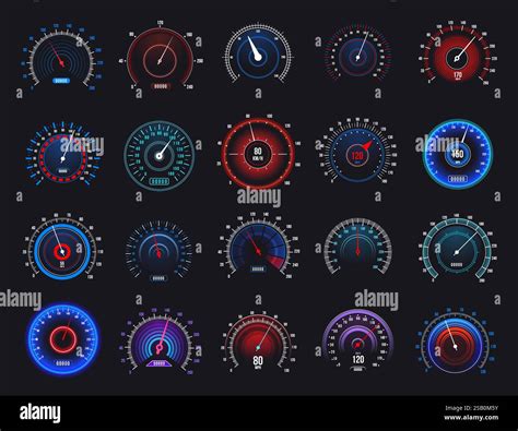 Set Of Speedometers And Tachometers With Different Colors And Values Measuring Speed Distance