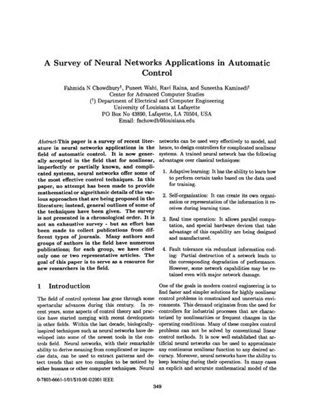 Pdf A Survey Of Neural Networks Applications In Automatic Control
