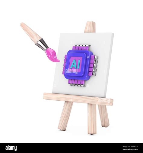 Cartoon Artist Paintbrush With Easel And AI Powered Microchip CPU Processor Web Icon On A White