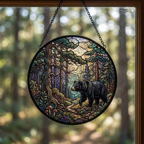 Black Bear Stained Glass Suncatcher Forest Bear Art Wildlife Glass
