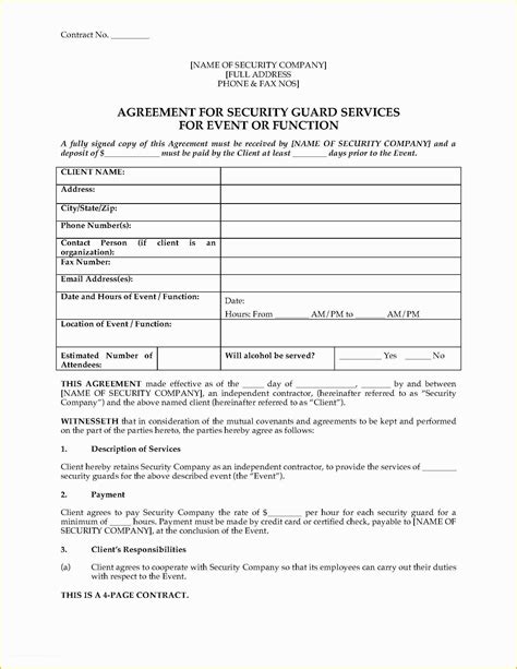 Security Service Contract Template Free Of Usa Security Guard Agreement