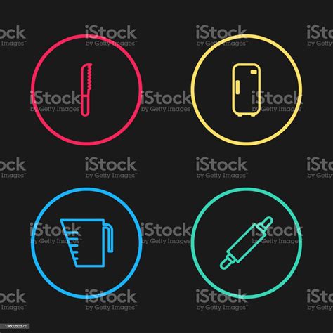 세트 라인 측정 컵 롤링 핀 냉장고 및 빵 나이프 아이콘 벡터 가정 생활에 대한 스톡 벡터 아트 및 기타 이미지 가정 생활