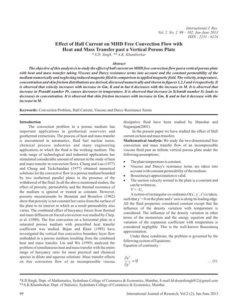 Pdf Effect Of Hall Current On Mhd Free Convection Flow With Heat And Mass Transfer Past A