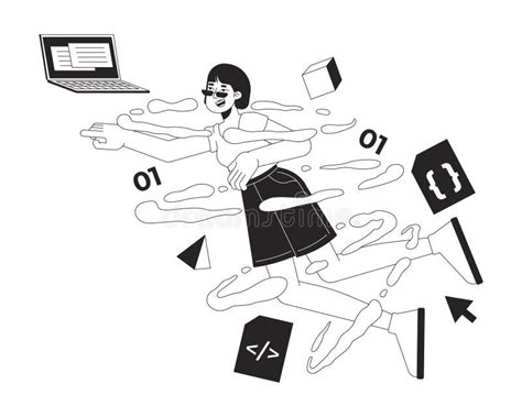 Inspired Korean Woman App Developer Black And White 2d Illustration Concept Stock Vector