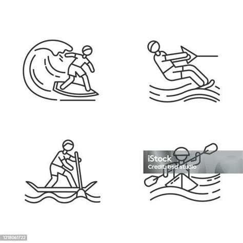 수상 스포츠 선형 아이콘 세트입니다 서핑 수상 스키 래프팅 및 수선 스포츠의 극단적 인 종류 가는 선 윤곽심 격리된 벡터 개요 그림입니다 편집 가능한 스트로크 카약 카누와