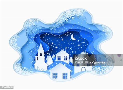 3d 추상 종이 잘라 겨울 도시 밤 교회와 소나무 그림 벡터 템플릿 개념에 대한 스톡 벡터 아트 및 기타 이미지 개념 겨울