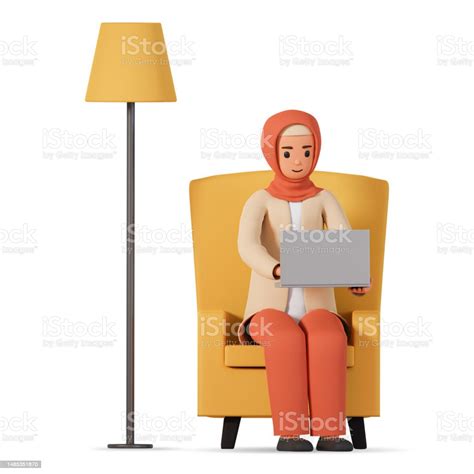 히잡을 쓴 무슬림 여성이 안락의자에 앉아 노트북 3d 일러스트레이션을 작업하고 있다 젊은 무슬림 여성이 안락의자에 앉아 컴퓨터 작업을 하고 플로어 램프를 들고 있는 사업