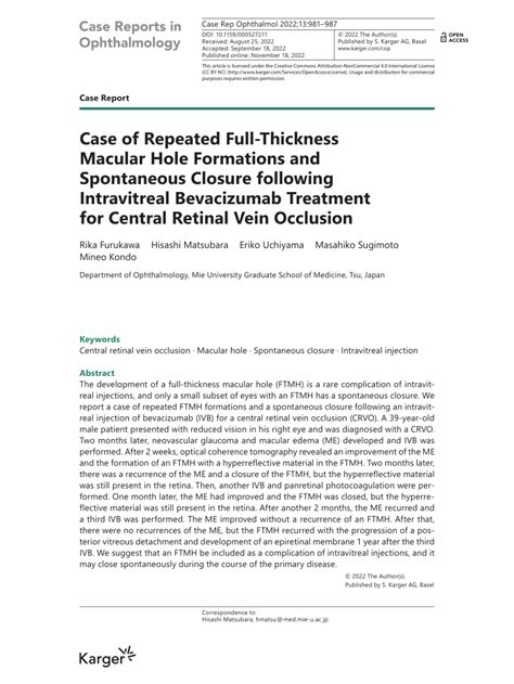 Pdf Case Of Repeated Full Thickness Macular Hole Formations And Spontaneous Closure Following