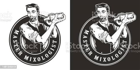 바텐딩을 위한 셰이커가 있는 바텐더 칵테일 바를 위한 턱수염과 콧수염을 가진 바텐더 25 29세에 대한 스톡 벡터 아트 및 기타 이미지 25 29세 검은색 금속