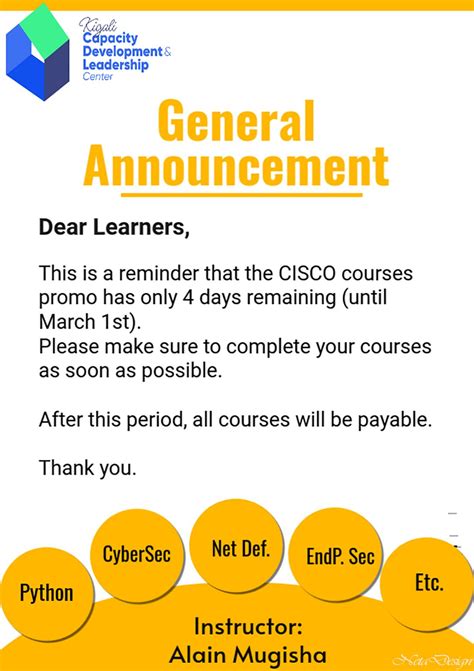 📢 Announcement 📢 Dear Learners This Is To Remind You That The Cisco Courses Promo Will End In 4