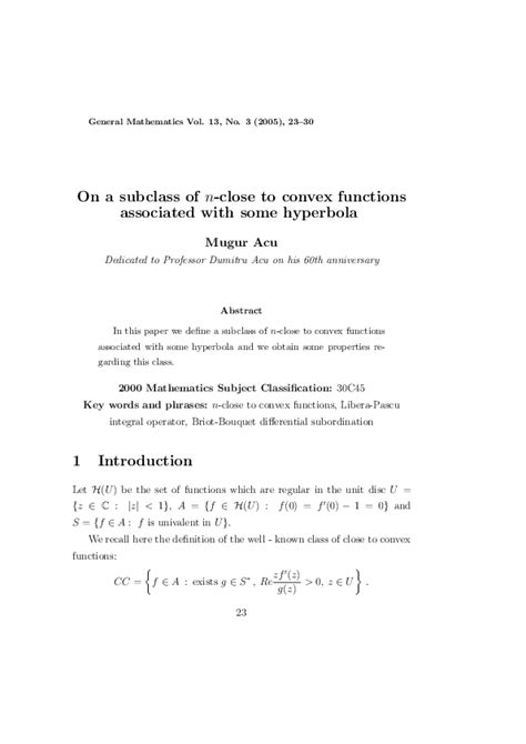 Pdf On A Subclass Of N Close To Convex Functions Associated With Some Hyperbola