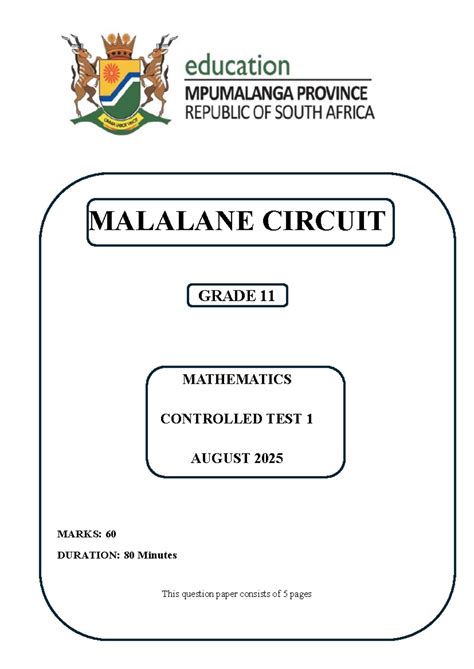 Grade 11 Malalane Circuit Mathematics Controlled Test 1 Aug 2025 Studocu