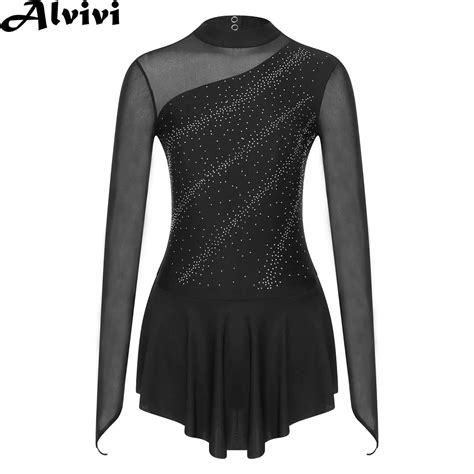 여성용 피겨 아이스 스케이팅 댄스 드레스 서정적 댄스 발레 체조 레오타드 투투 긴팔 메쉬 샤이니 라인스톤 댄스웨어 Aliexpress