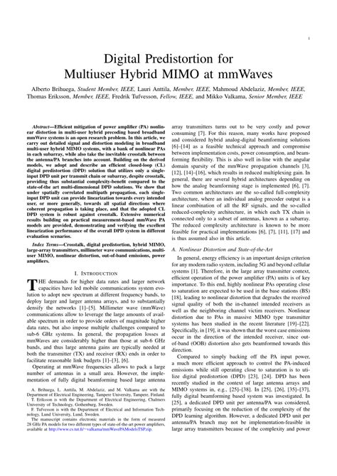 Pdf Digital Predistortion For Multiuser Hybrid Mimo At Mmwaves
