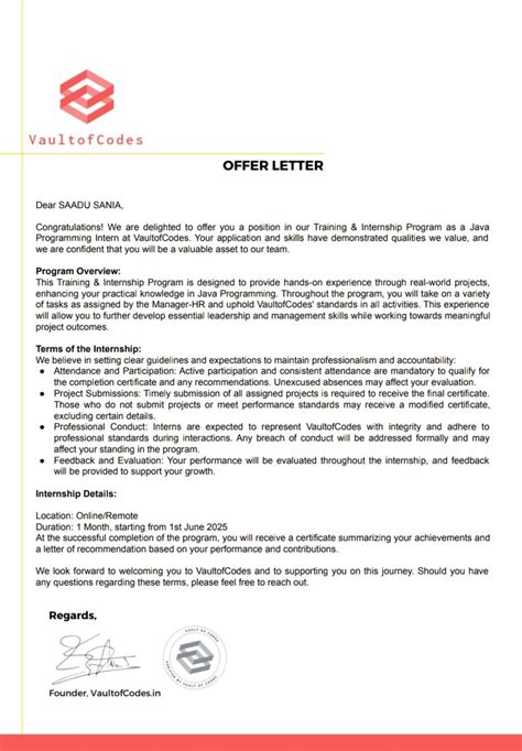 🌟excited To Share That Ive Been Selected As A Java Programming Intern At Vaultofcodes Sania