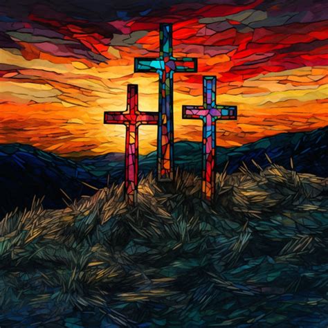 Stained Glass Window Cling Three Crosses On A Hill Faux Stained Glass