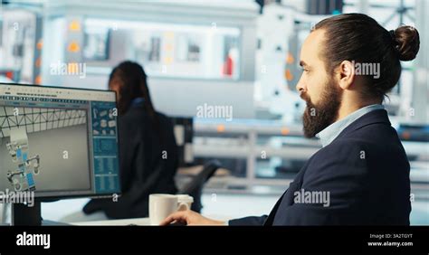Engineer In Photovoltaics Factory Using Pc Screen To Diagnose Malfunctioning Systems Solar