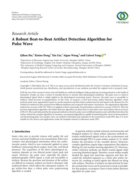 Pdf A Robust Beat To Beat Artifact Detection Algorithm For Pulse Wave