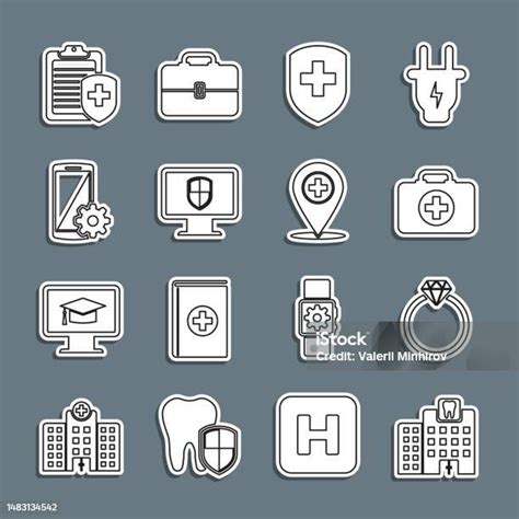 세트 라인 치과 진료소 다이아몬드 약혼 반지 응급 처치 키트 십자가와 의료 방패 모니터 및 설정 스마트 폰 클립 보드 의료 보험 및 위치 아이콘 벡터 건강 진단에 대한 스톡