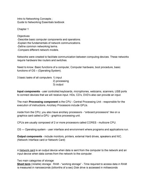 N C Chapter Notes Intro To Networking Concepts Guide To Networking Essentials Textbook
