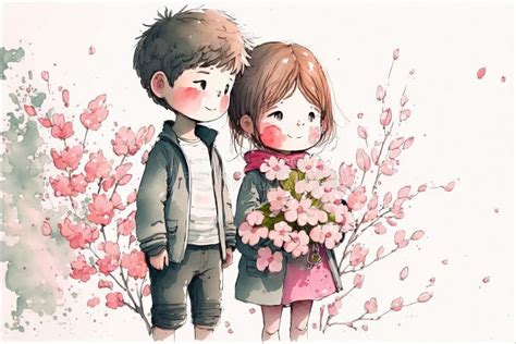 Cute Boy And Girl In Love On Romantic Valentineand X27s Day Hand Drawn