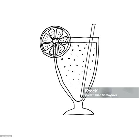 레몬과 짚 아이콘과 칵테일 손으로 그린 낙서 스타일 벡터 미니멀리즘 단색 상쾌한 음료 여름 레모네이드 바 메뉴 카페 감귤류