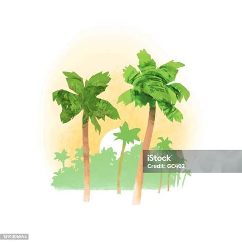 여름과 해변 개념 야자수와 일몰을 이용한 벡터 수채화 여행 일러스트레이션 낭만적 인 풍경 관광에 대한 스톡 벡터 아트 및 기타 이미지 Istock