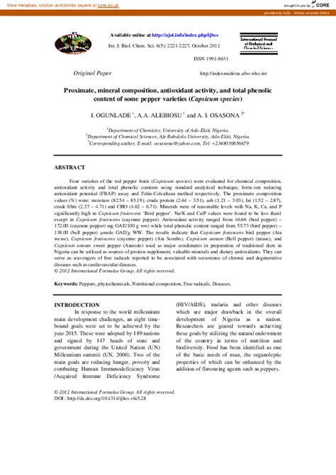 Pdf Proximate Mineral Composition Antioxidant Activity And Total Phenolic Content Of Some